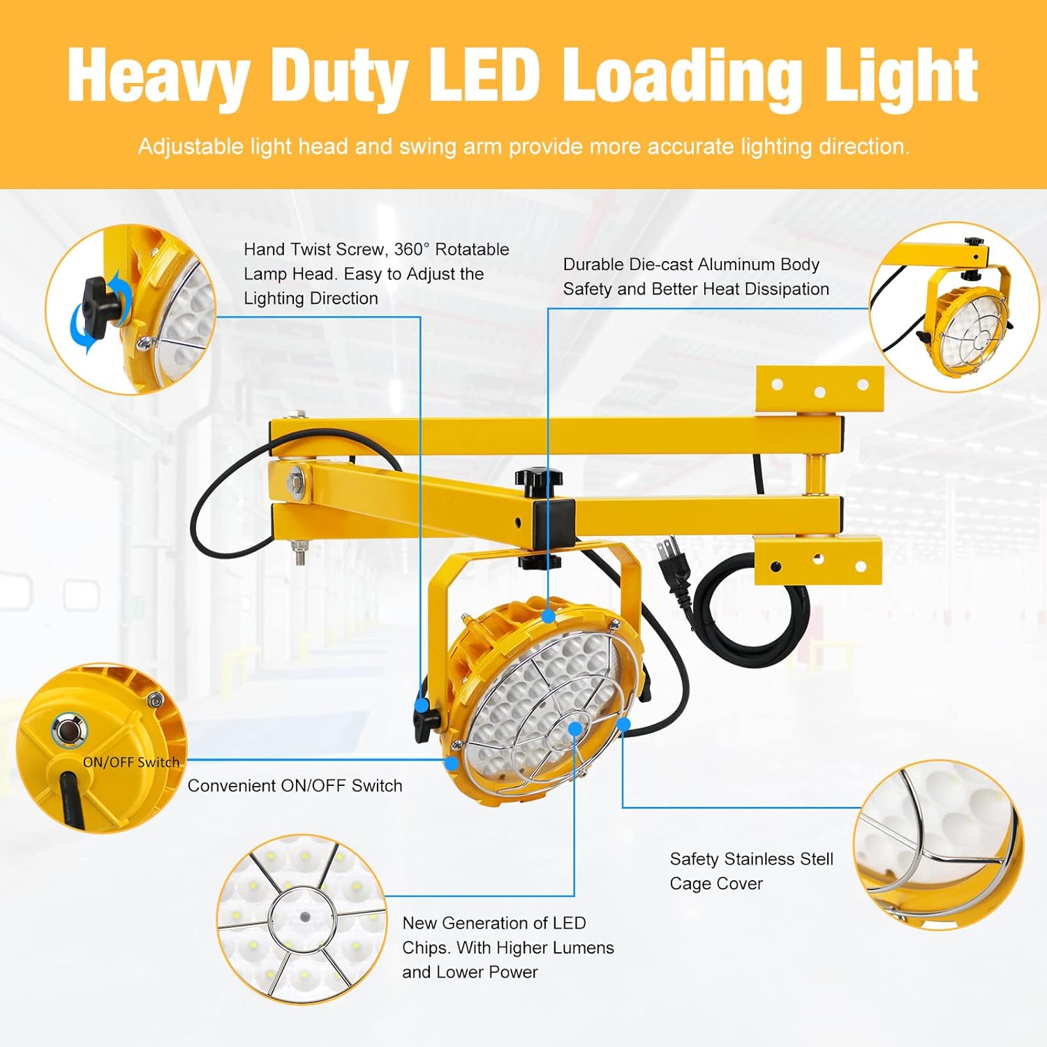 60W 6600LM LED Loading Dock Lights with 40'' Swing Folding Double Arm ...