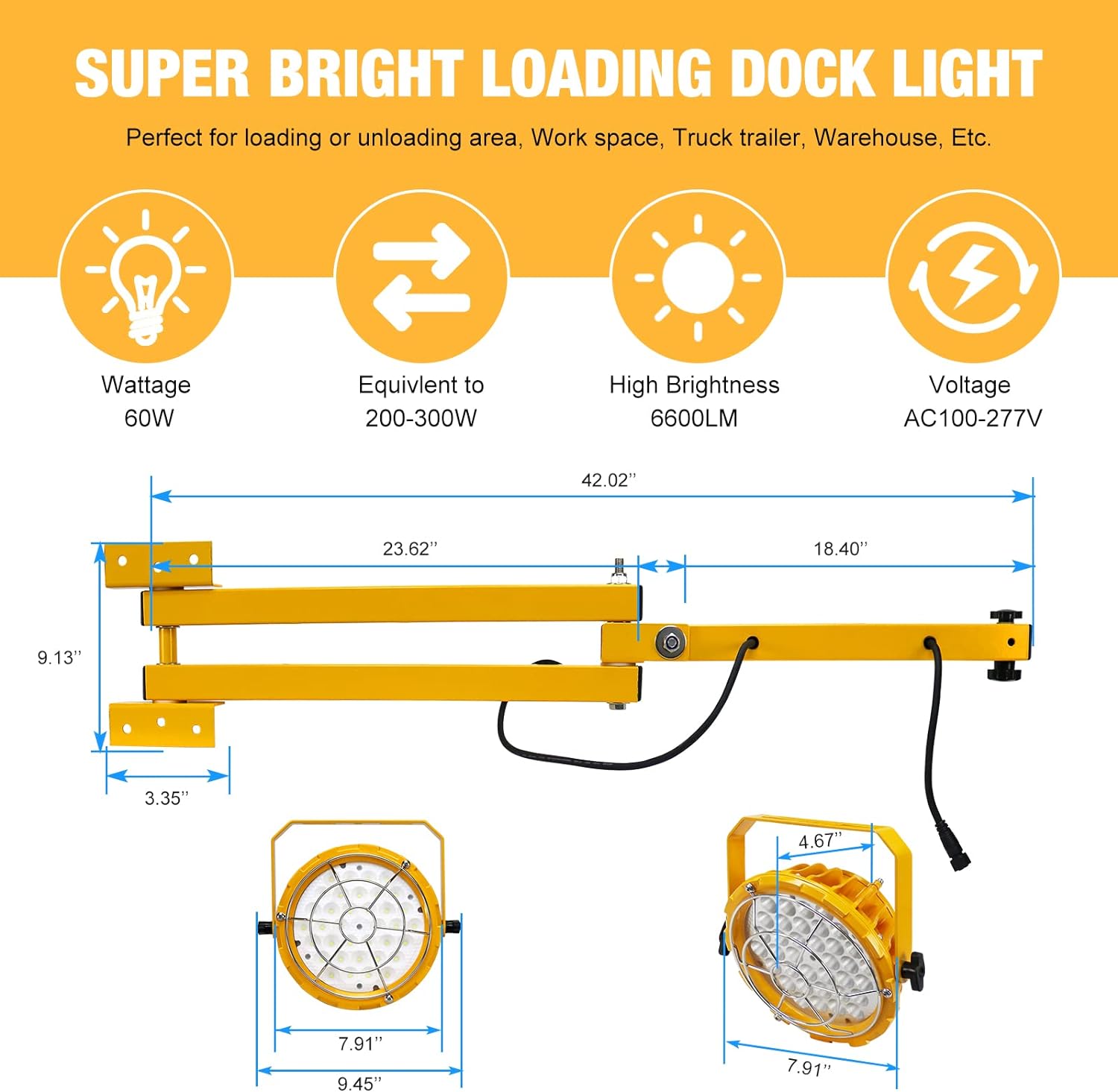60W 6600LM LED Loading Dock Lights with 40'' Swing Folding Double Arm ...